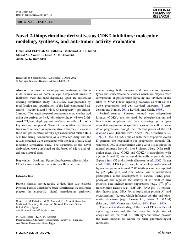 (PDF) Novel 2-thiopyrimidine derivatives as CDK2 inhibitors: molecular ...