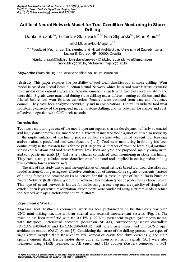 Pdf Artificial Neural Network Model For Tool Condition Monitoring In Stone Drilling