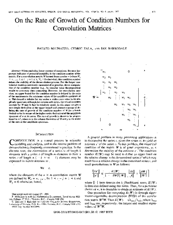 (PDF) On the rate of growth of condition numbers for convolution matrices