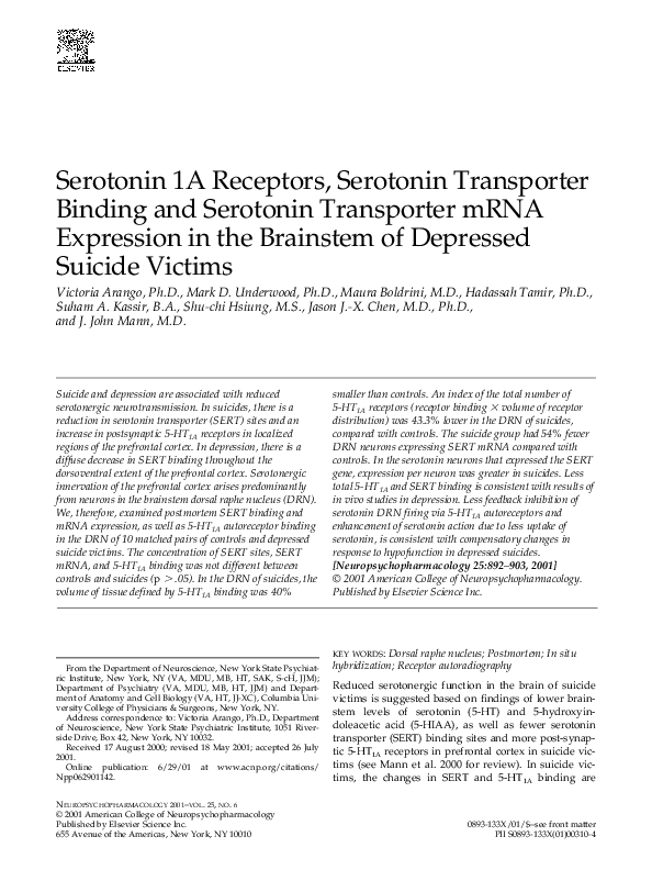 (PDF) Serotonin 1A Receptors, Serotonin Transporter Binding and ...