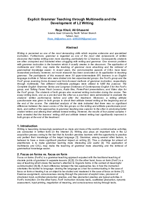 (DOC) Explicit Grammar Teaching through Multimedia and the Development ...