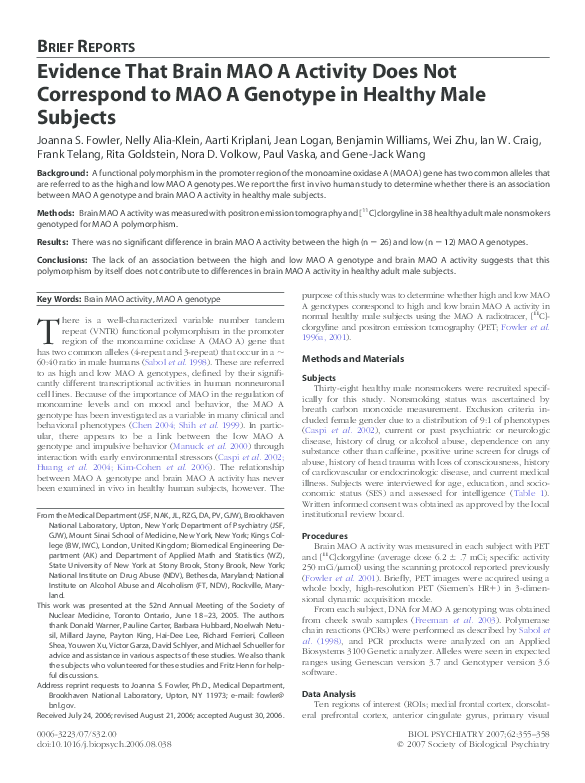 (PDF) Evidence That Brain MAO A Activity Does Not Correspond to MAO A ...