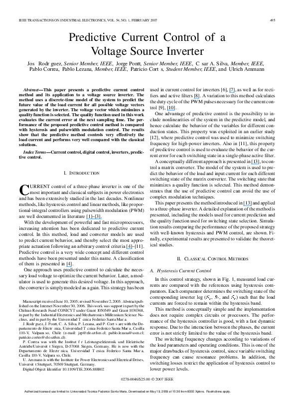 Pdf Predictive Current Control Of A Voltage Source Inverter