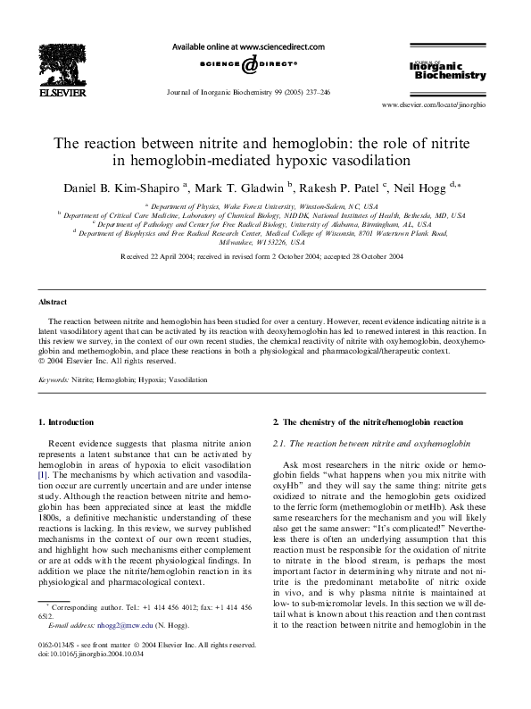 (PDF) The reaction between nitrite and hemoglobin: the role of nitrite ...