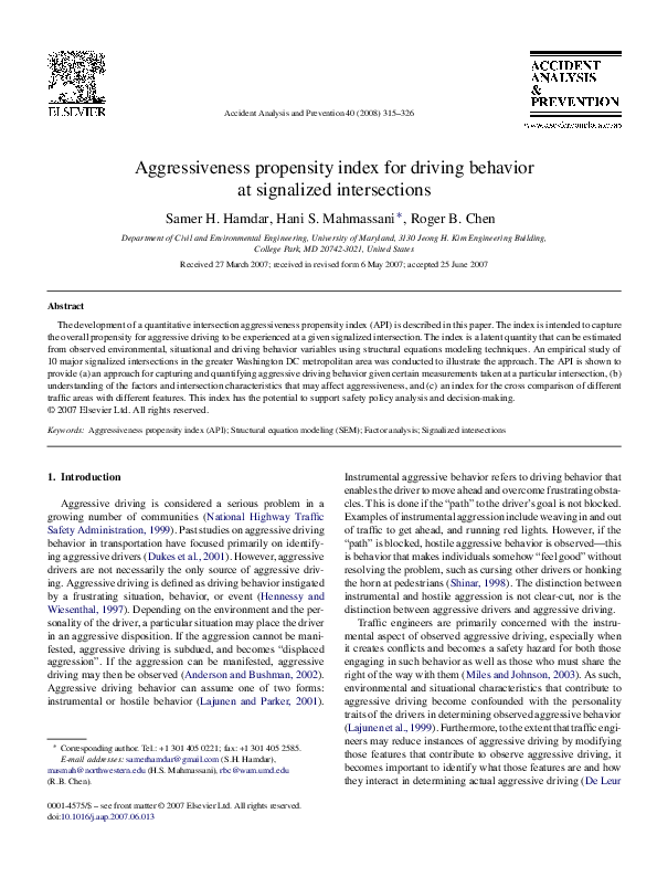 (PDF) Aggressiveness propensity index for driving behavior at signalized intersections