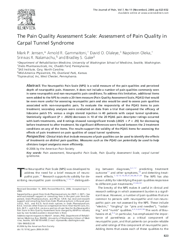 (PDF) The Pain Quality Assessment Scale: Assessment of Pain Quality in ...