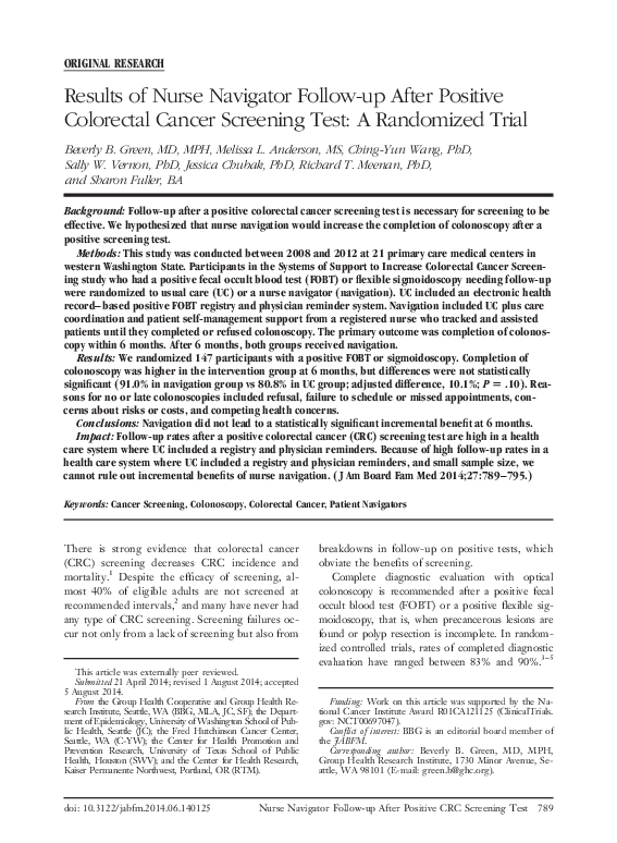 (PDF) Results of nurse navigator follow-up after positive colorectal ...