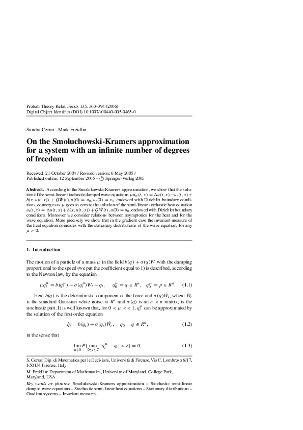 Pdf On The Smoluchowski Kramers Approximation For A System With An Infinite Number Of Degrees