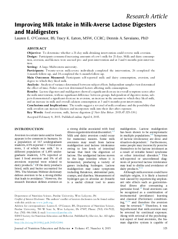 (PDF) Improving Milk Intake in Milk-Averse Lactose Digesters and ...