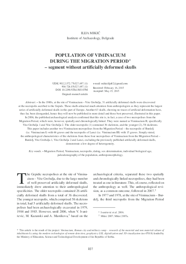 (PDF) Population of Viminacium during the Migration Period: Segment without artificially ...