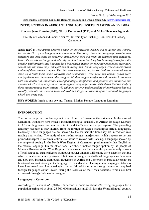 (PDF) Interjections in African Languages: Issues in Awing and Yemba