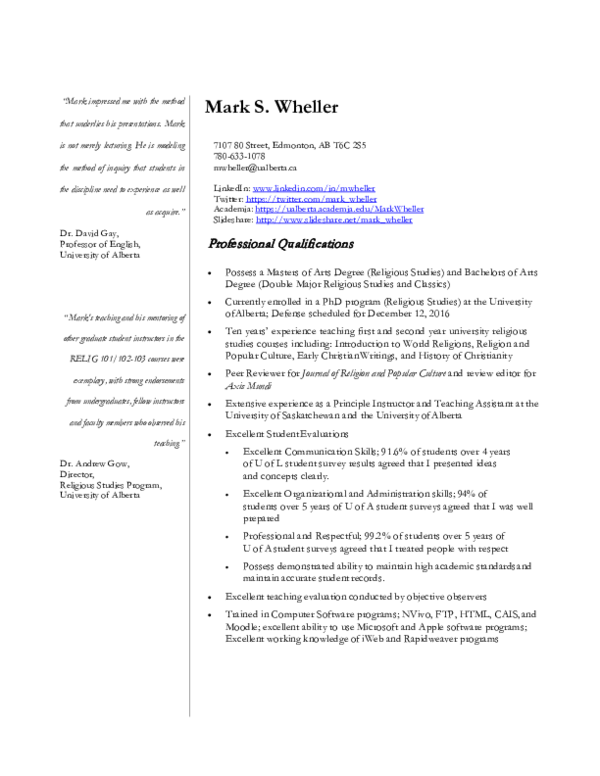 (PDF) Mark S. Wheller Curriculum Vitae | Mark S Wheller - Academia.edu