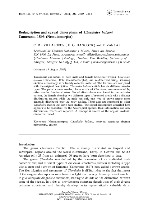 (PDF) Redescription and sexual dimorphism of Chordodes balzani Camerano ...
