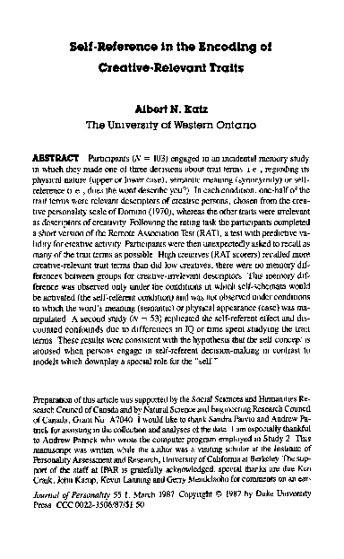 (PDF) Self-Reference in the Encoding of Creative-Relevant Traits