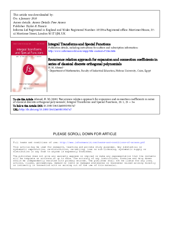 Pdf Recurrence Relation Approach For Expansion And Connection Coefficients In Series Of