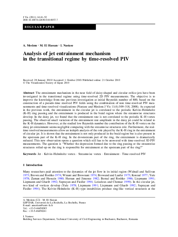 (PDF) Analysis of jet entrainment mechanism in the transitional regime by time-resolved PIV
