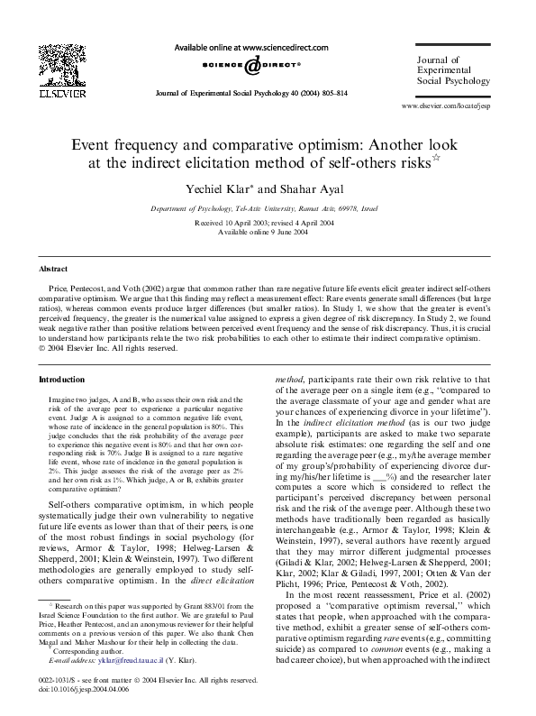 (PDF) Event frequency and comparative optimism: Another look at the ...
