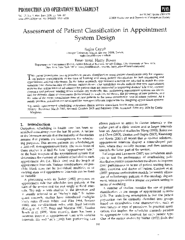 (PDF) Assessment of Patient Classification in Appointment System Design