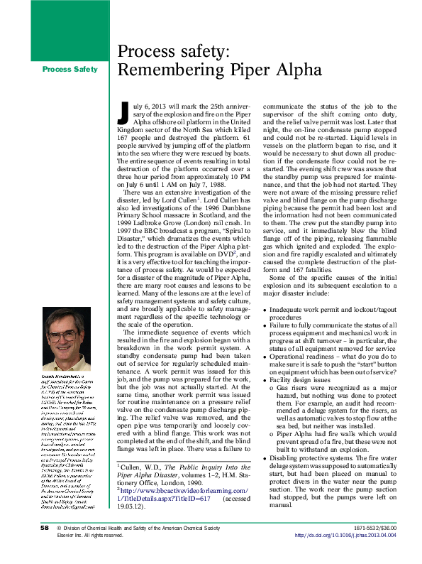 (PDF) Process safety: Remembering Piper Alpha