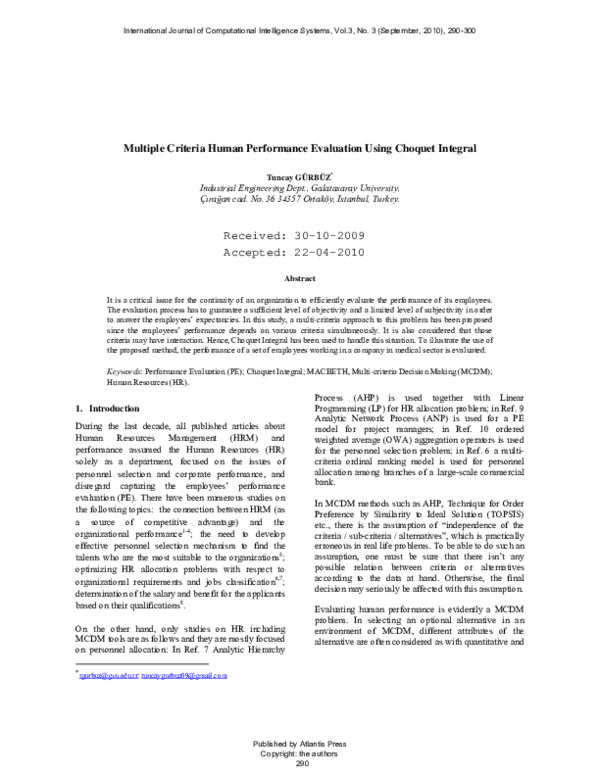Pdf Multiple Criteria Human Performance Evaluation Using Choquet Integral