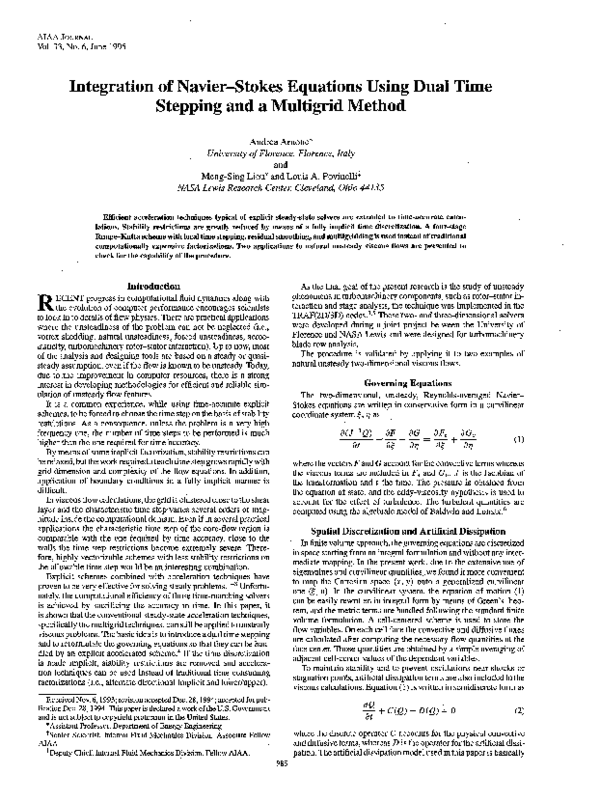 (PDF) Integration of Navier-Stokes equations using dual time stepping and a multigrid method