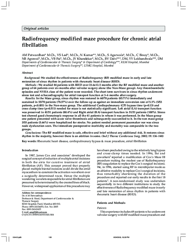 (PDF) Radiofrequency modified maze procedure for chronic atrial fibrillation