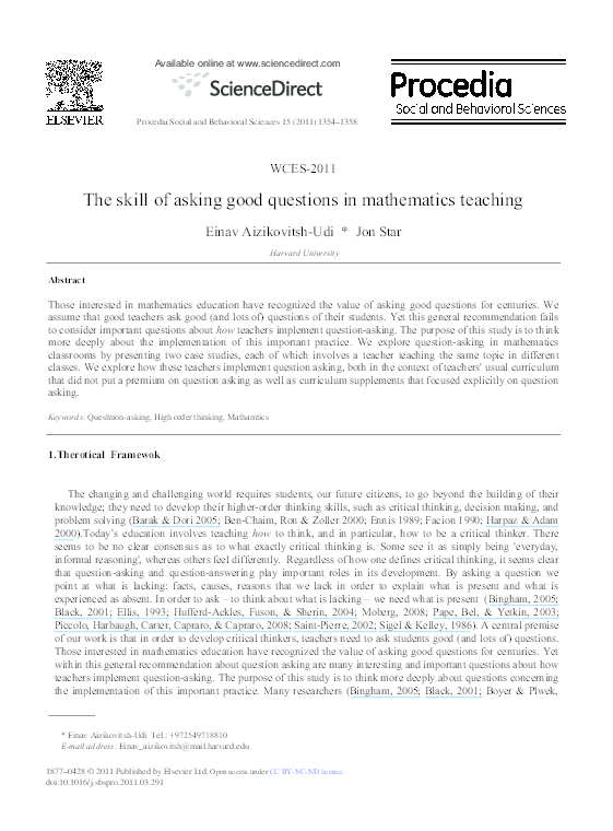 (PDF) The skill of asking good questions in mathematics teaching