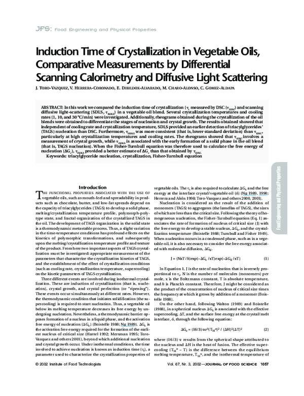 (PDF) Induction Time of Crystallization in Vegetable Oils, Comparative ...