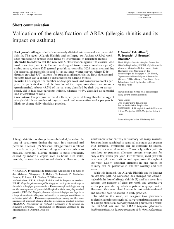 (PDF) Validation of the classification of ARIA (allergic rhinitis and ...