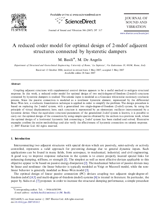 Pdf A Reduced Order Model For Optimal Design Of 2 Mdof Adjacent Structures Connected By