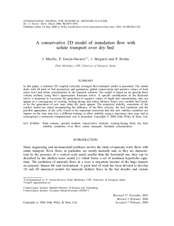 (PDF) A conservative 2D model of inundation flow with solute transport over dry bed