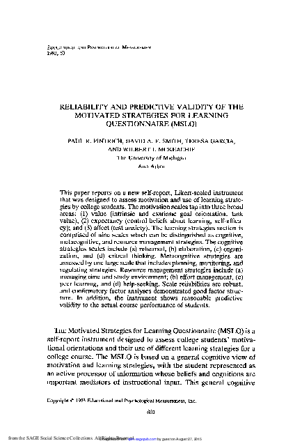 (PDF) Reliability and Predictive Validity of the Motivated Strategies ...