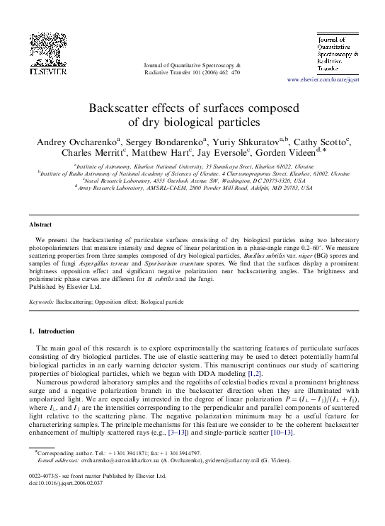 (PDF) Backscatter effects of surfaces composed of dry biological particles