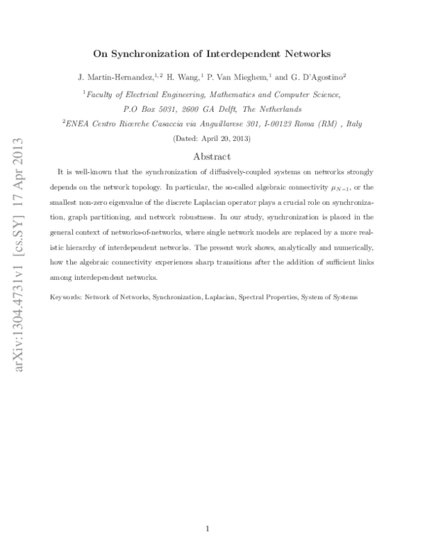 (PDF) On synchronization of interdependent networks