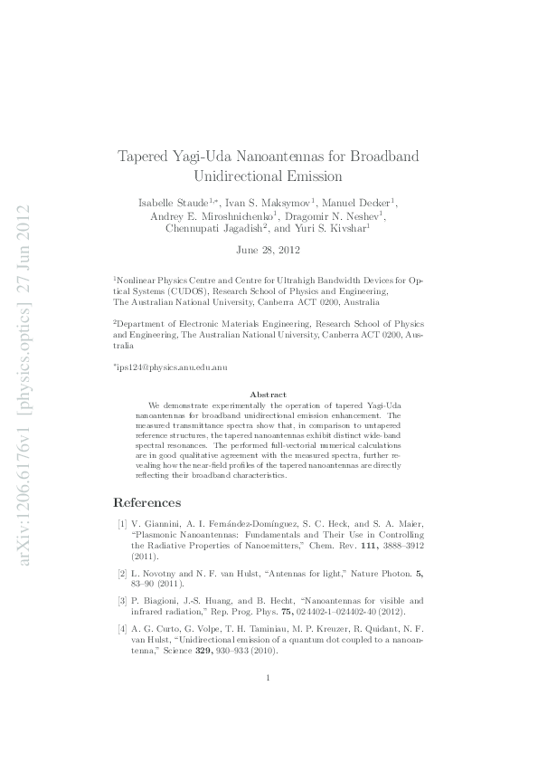 (PDF) Tapered Yagi-Uda Nanoantennas for Broadband Unidirectional Emission | Ivan Maksymov ...