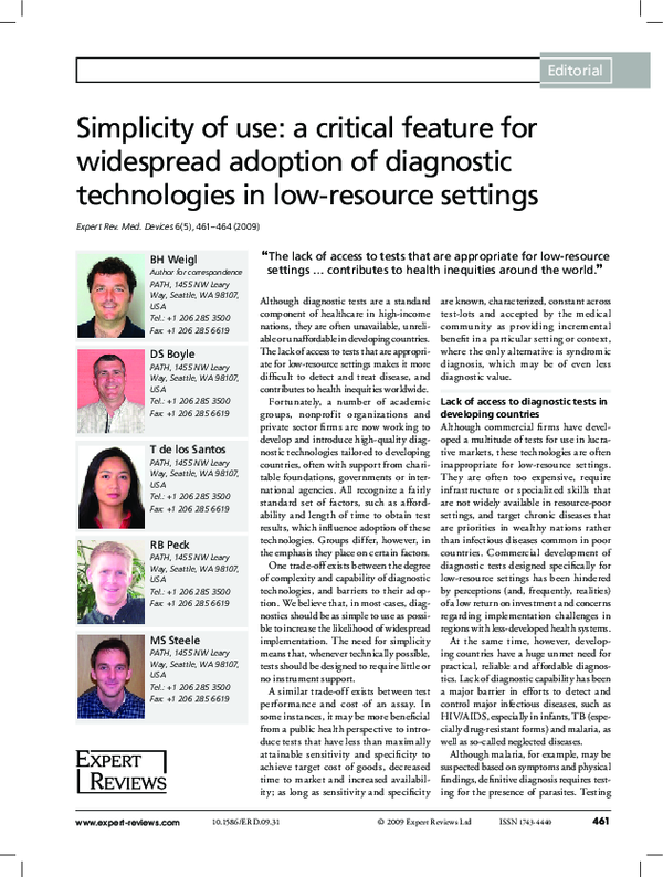 (PDF) Simplicity of use: a critical feature for widespread adoption of diagnostic technologies ...