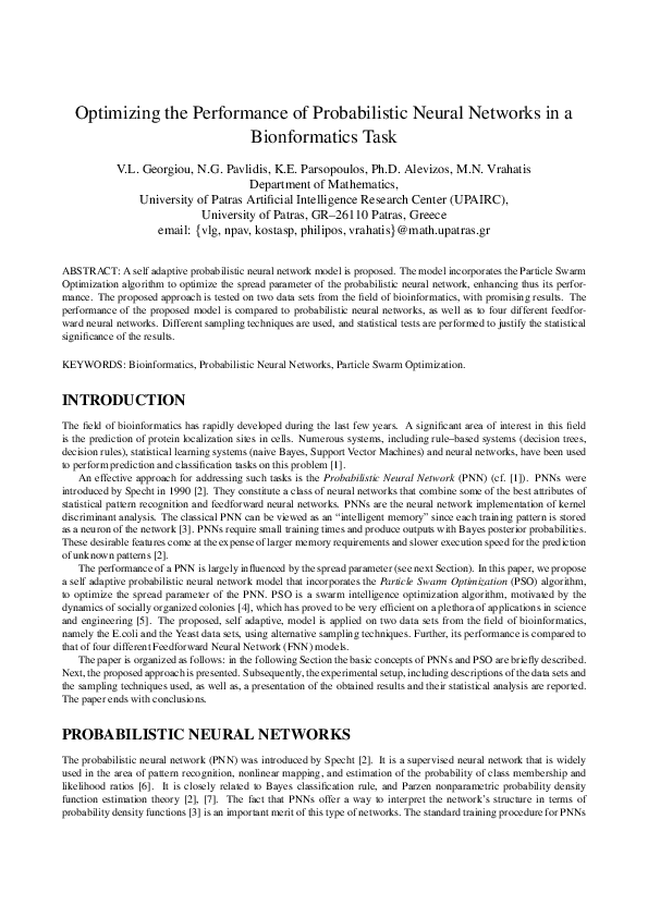 (PDF) Optimizing the performance of probabilistic neural networks in a bioinformatics task