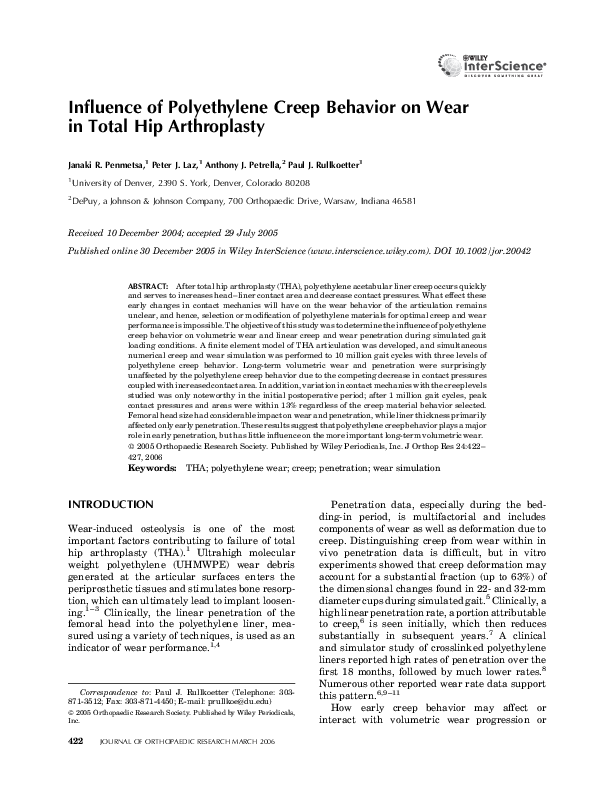 (PDF) Influence of polyethylene creep behavior on wear in total hip ...