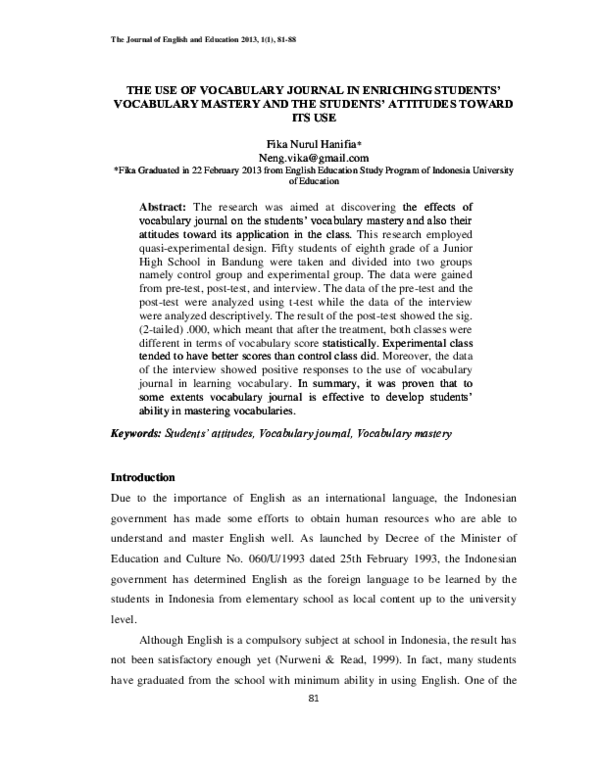 (PDF) The Use of Vocabulary Journal in Enriching Students’ Vocabulary Mastery and the Students ...