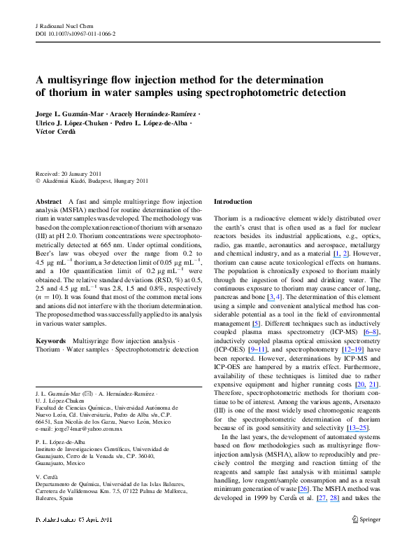 Pdf A Multisyringe Flow Injection Method For The Determination Of Thorium In Water Samples