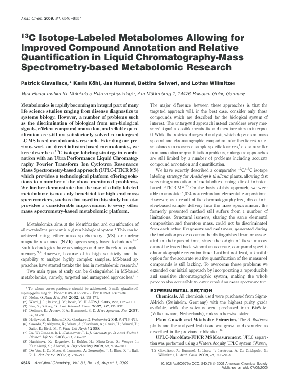 Pdf 13 C Isotope Labeled Metabolomes Allowing For Improved Compound