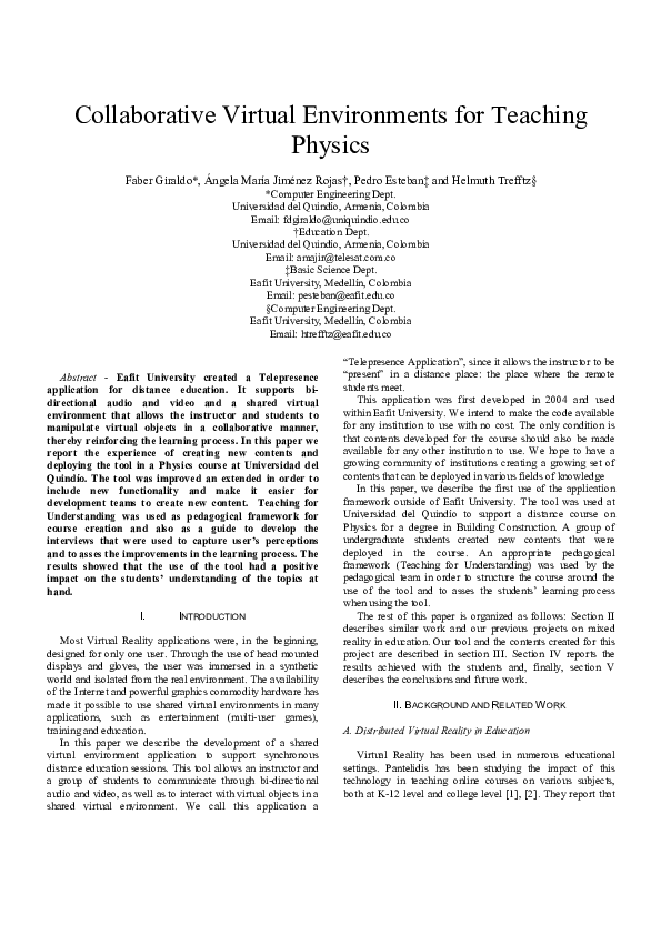 (PDF) Collaborative Virtual Environments for Teaching Physics