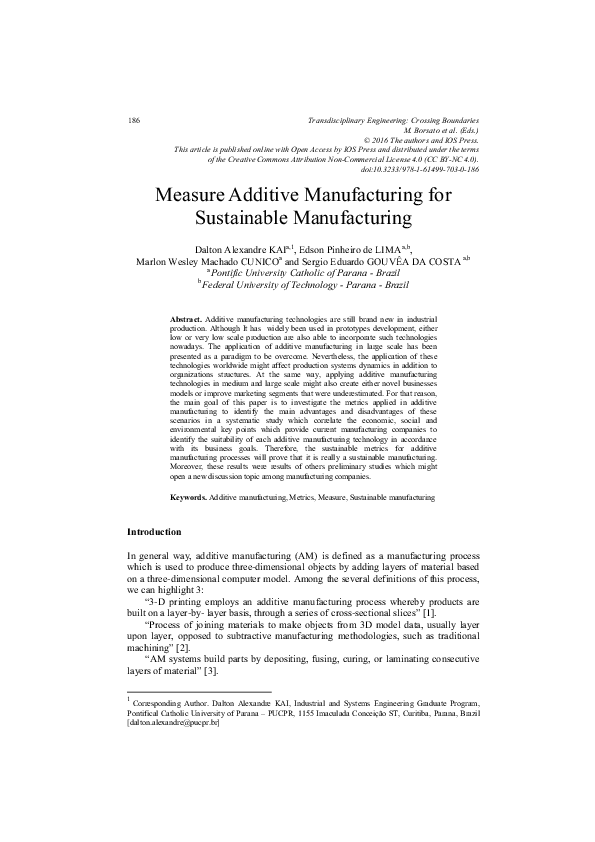 (PDF) Measure Additive Manufacturing for Sustainable Manufacturing