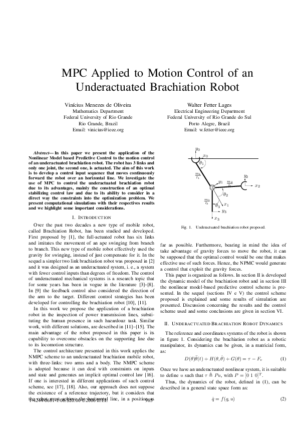 (PDF) MPC Applied to Motion Control of an Underactuated Brachiation Robot