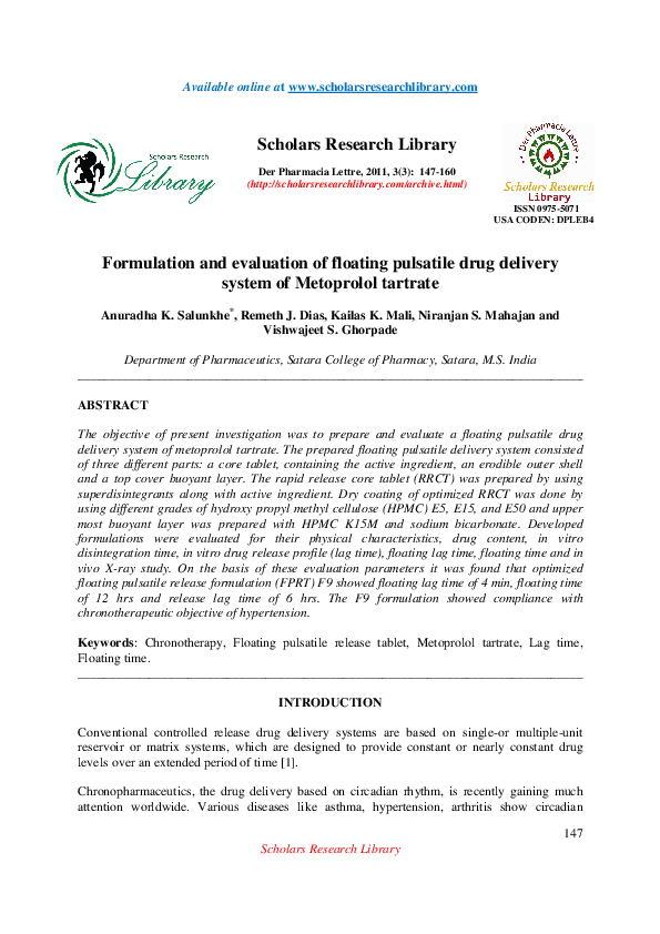 Pdf Formulation And Evaluation Of Floating Pulsatile Multiparticulates Using Ph Dependent