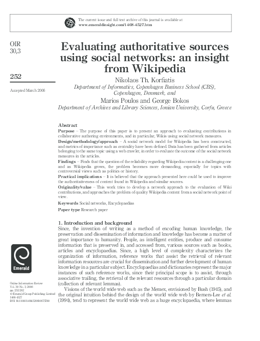(PDF) Evaluating authoritative sources using social networks: an insight from Wikipedia