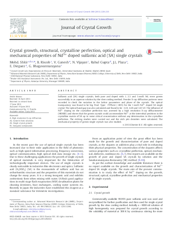 (PDF) Crystal growth, structural, crystalline perfection, optical and mechanical properties of ...