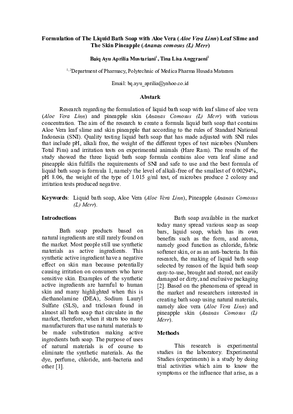 (DOC) Formulation of The Liquid Bath Soap with Aloe Vera (Aloe Vera ...