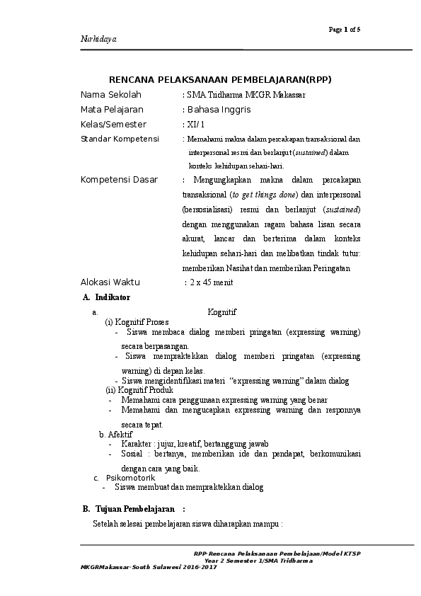 (DOC) RPP Expression of Warning kelas XI SMA