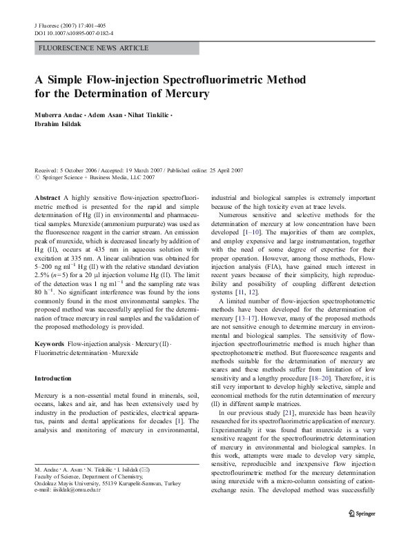 Pdf A Simple Flow Injection Spectrofluorimetric Method For The Determination Of Mercury